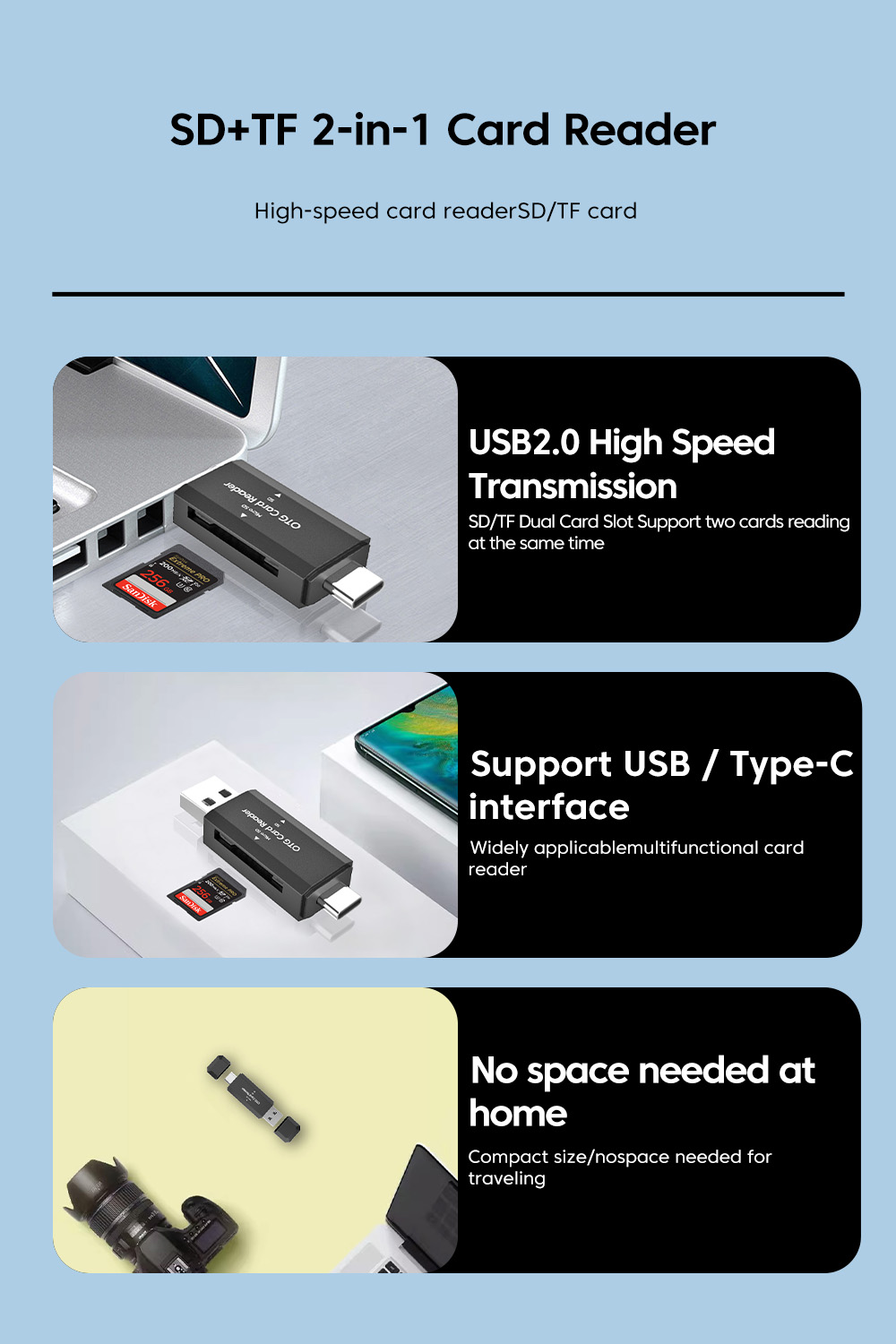 Type C SD TF Card Reader 2 in 1 USB 2.0 Card Reader for PC Laptop ...