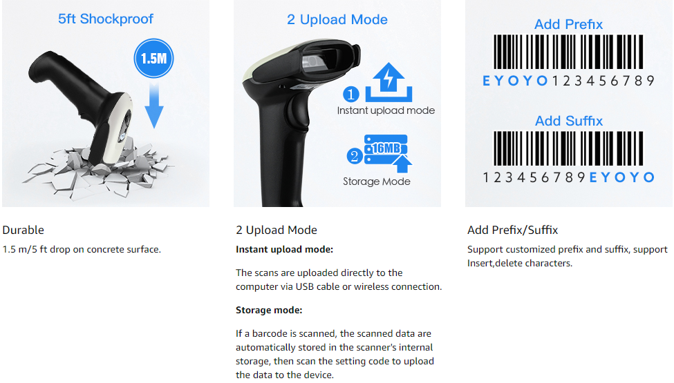 Eyoyo Wireless 2D QR Barcode Scanner with Stand, Bluetooth & 2.4G ...
