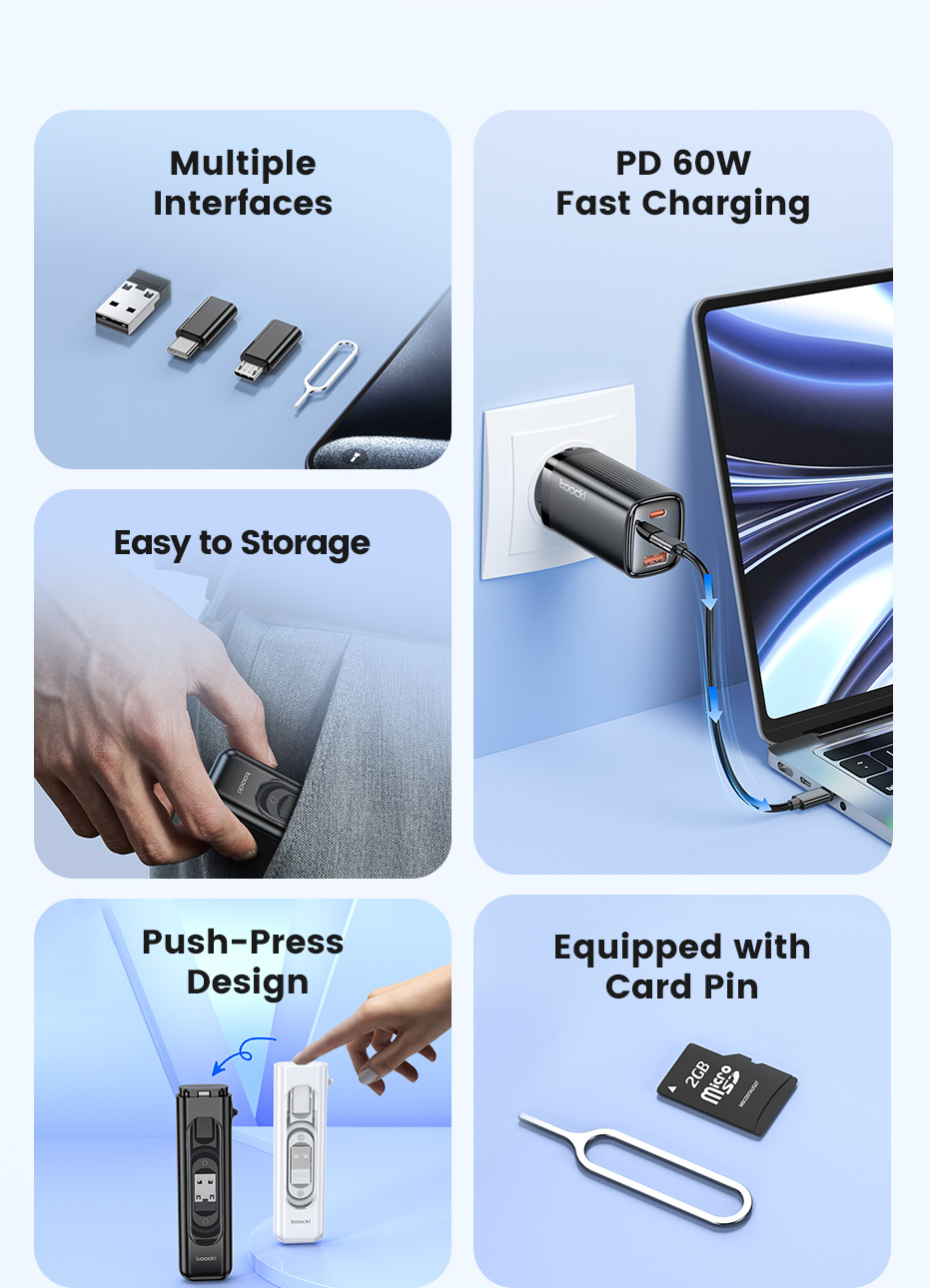 Toocki 5 in 1 Multi-Functional Cable Charging Case PD 60W Fast Charging ...