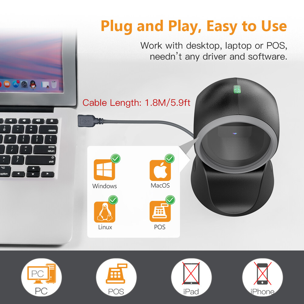 2D Desktop Barcode Scanner 1D code Automatic Sensing Scan ...