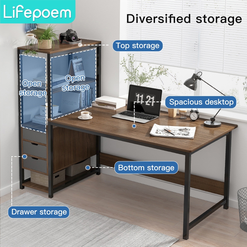 Study Deck Writing Desk Office Table With Book Shelf 3 Tiers Desk With ...