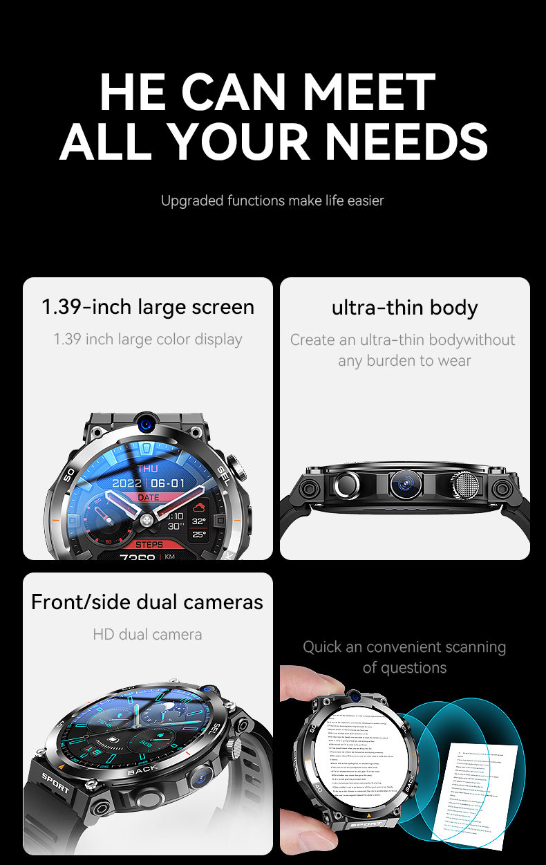 4G LTE Android Smartwatch 1.39" GPS Dual Camera Wifi SIM NFC Rugged 16G ...