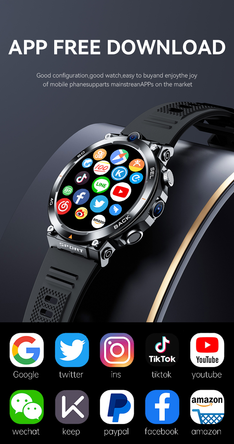 4G LTE Android Smartwatch 1.39" GPS Dual Camera Wifi SIM NFC Rugged 16G ...