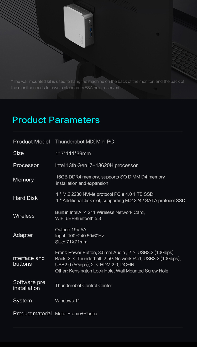 Thunderobot MIX Mini PC, i7-13620H 16G RAM 1T SSD WiFi-6E, 13th Gen i7 ...