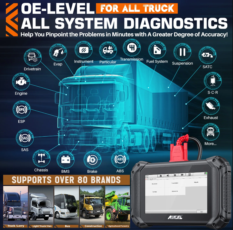 ANCEL V5 HD OBD2 Heavy Duty Truck Scanner Full System Diagnostic Tool 40+ Reset ECU Coding BI ...