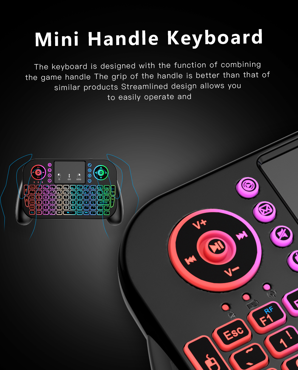 V8 Mini Wireless Keyboard 1pc 2.4G BT 7 Color Backlit Lithium Air Mouse ...