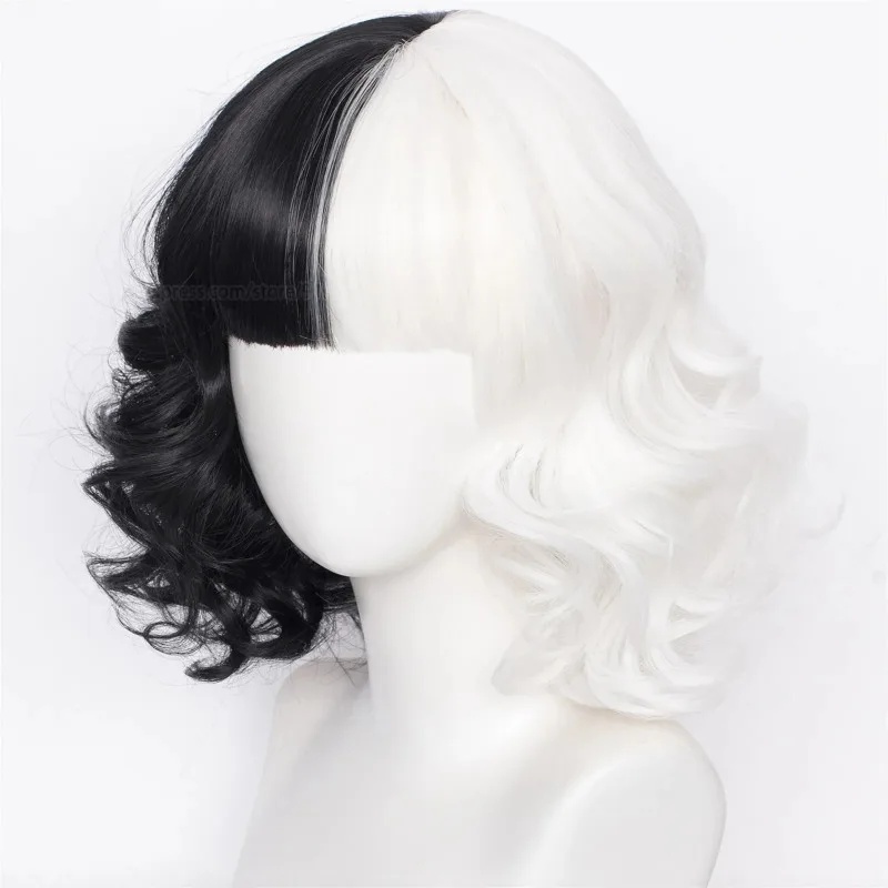 Anime Cruella De Vil Wig Curly Half Black Half White Wigs Cosplay Women ...