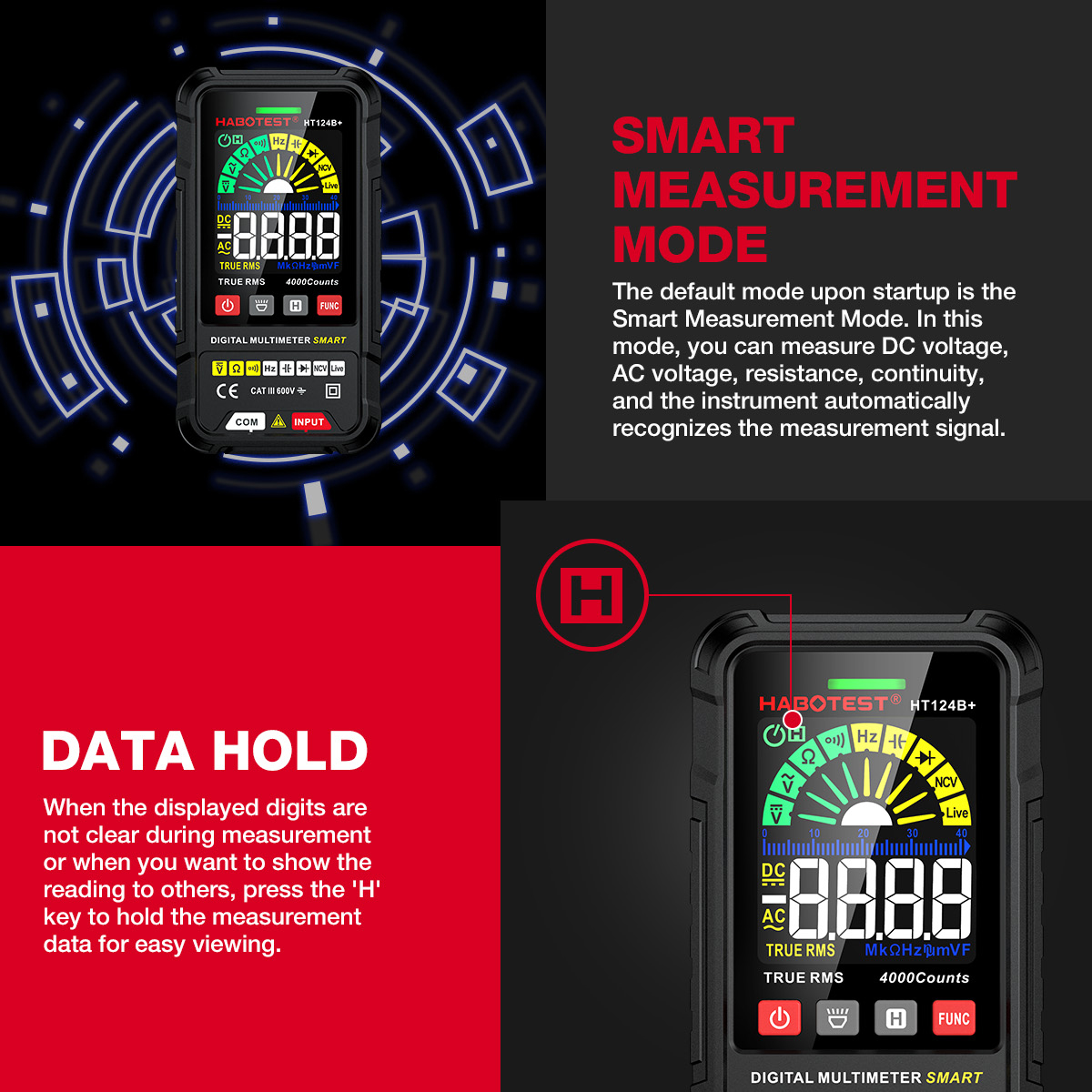 HABOTEST HT124 Smart Digital Multimeter 4000 Counts True RMS Auto ...