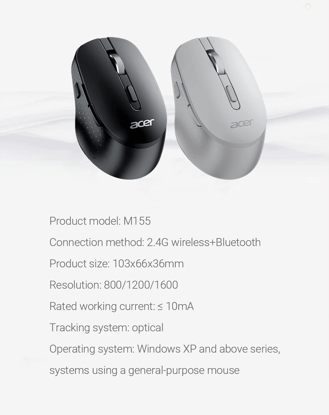 Acer Wireless Bluetooth Mouse M155, Dual Modes, Type-C Rechargeable ...