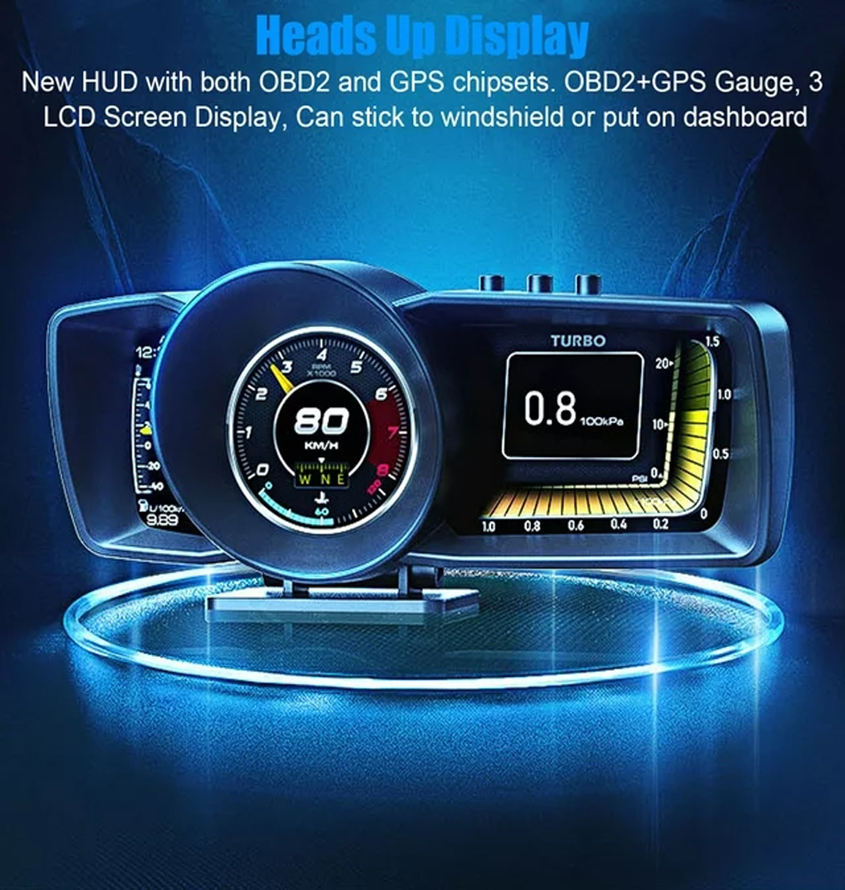 KOMES A600 3 LCD Screen OBD2+GPS Smart Car Speedometer, HUD Gauge Head ...