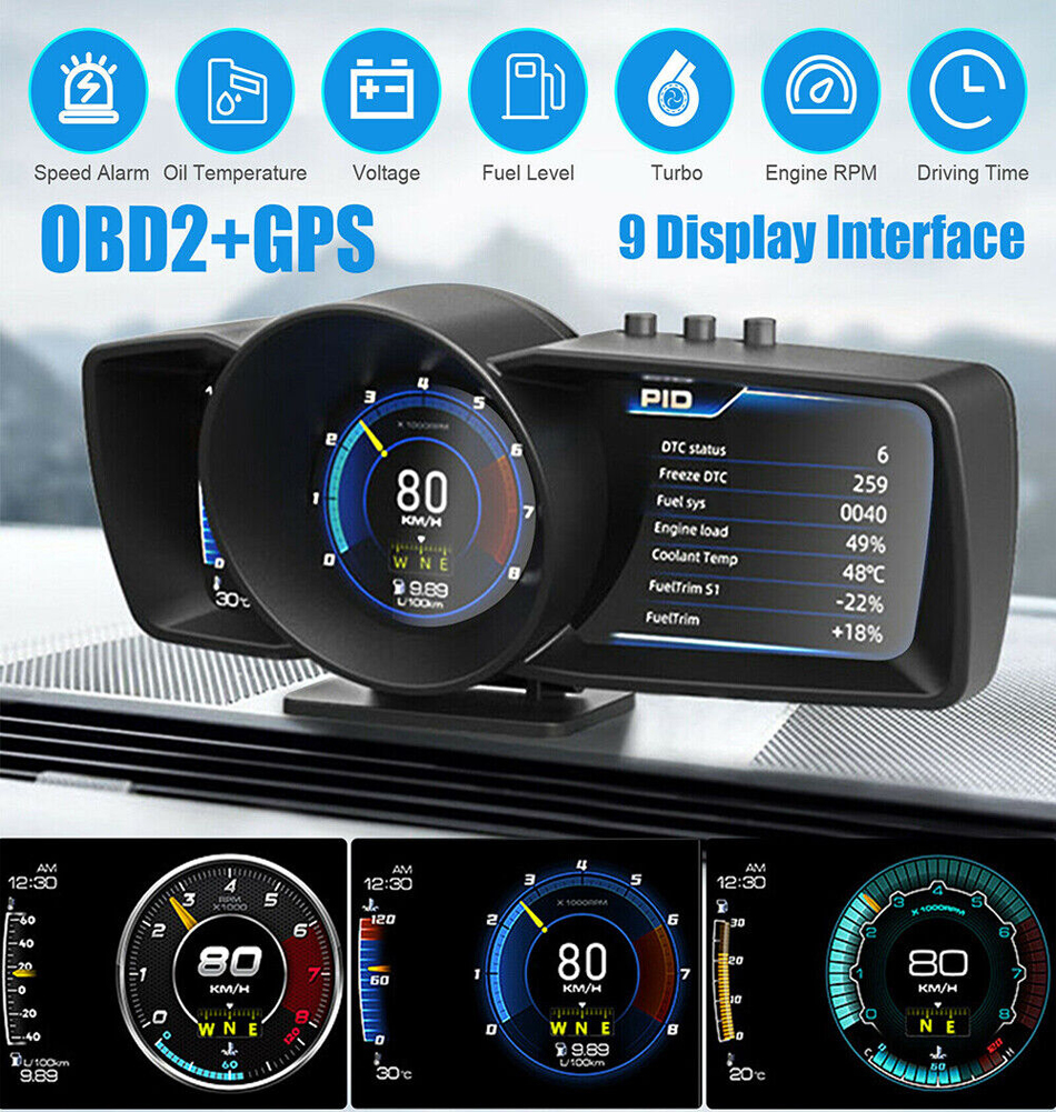 KOMES A600 3 LCD Screen OBD2+GPS Smart Car Speedometer, HUD Gauge Head ...