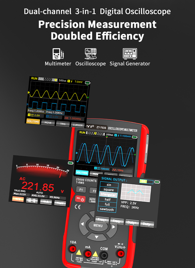 ZOYI ZT-703S 3in1 Dual Channel 50MHz Oscilloscope 280MS/s 25000 Counts ...