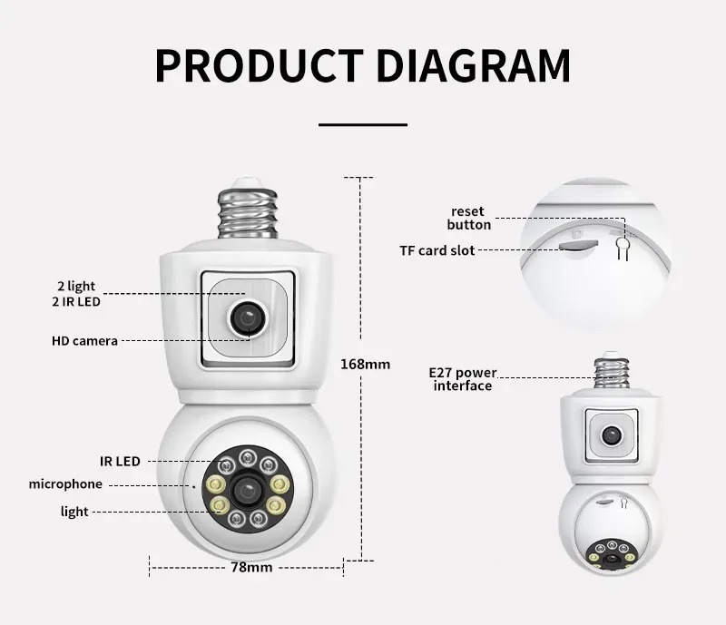 4MP Dual Lens E27 Bulb WiFi PTZ Camera Dual Screen AI Human Tracking ...