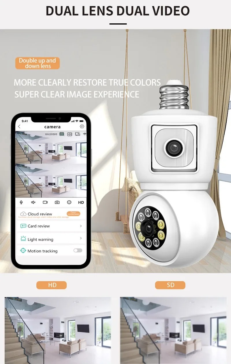 4MP Dual Lens E27 Bulb WiFi PTZ Camera Dual Screen AI Human Tracking ...