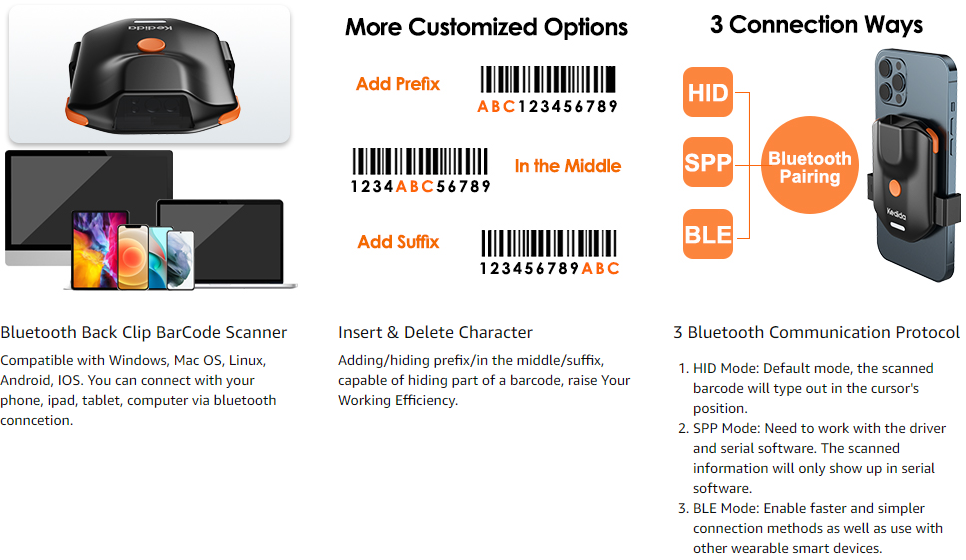 Kedida Portable 2D Back Clip Bluetooth Barcode Scanner, 1D 2D QR ...