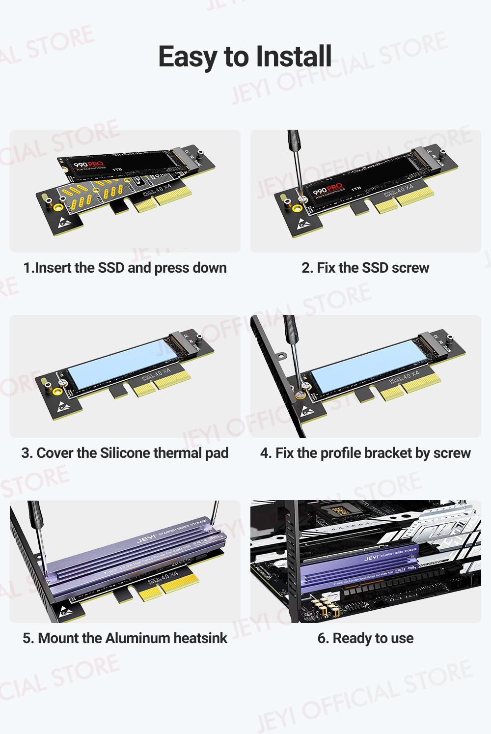 JEYI M.2 NVME to PCIe 4.0 3.0 Adapter With Aluminum SSD Heatsink, NVMe 64Gbps Gen4 PCIE X4 X8 ...