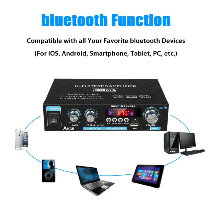 AK35 800W Bluetooth 5.0 Audio Power Amplifier 2 Channel Stereo Receiver ...