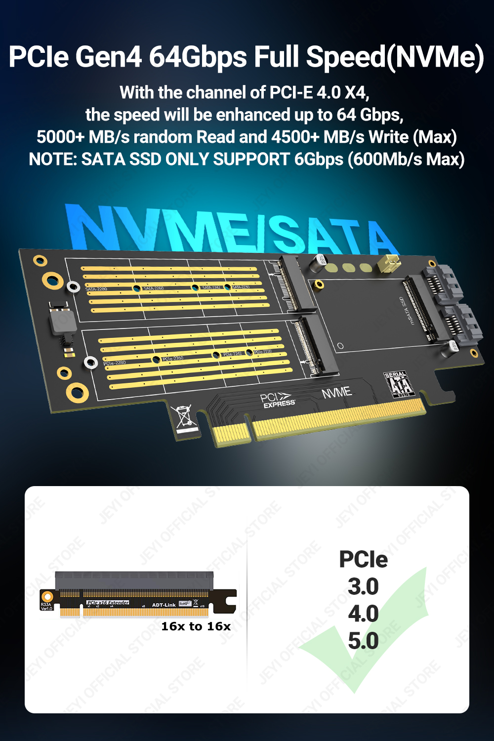 JEYI NVMe NGFF and mSATA SSD PCIe 4.0/3.0 Adapter Card, 3 in 1 M.2 NVME ...