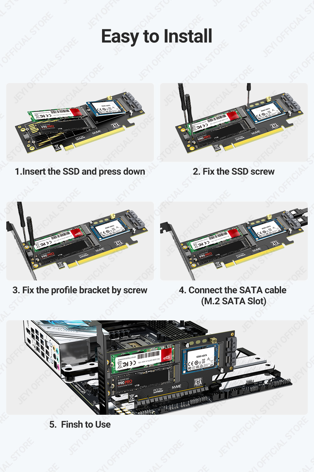 JEYI NVMe NGFF and mSATA SSD PCIe 4.0/3.0 Adapter Card, 3 in 1 M.2 NVME ...