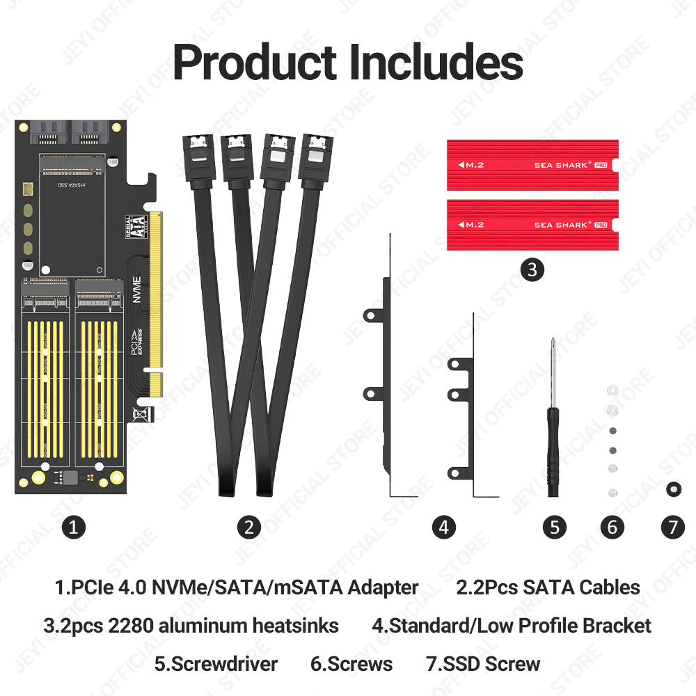 JEYI NVMe NGFF and mSATA SSD PCIe 4.0/3.0 Adapter Card, 3 in 1 M.2 NVME ...