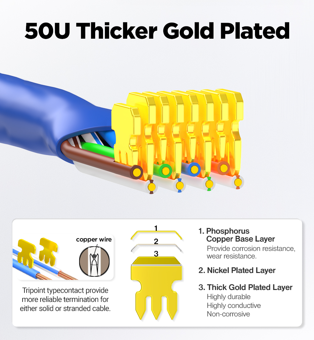AMPCOM CAT6 RJ45 Modular Plug Connector: UTP 50μ Gold-Plated Split-Type ...