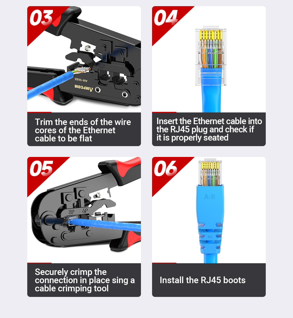 AMPCOM CAT6 RJ45 Modular Plug Connector: UTP 50μ Gold-Plated Split-Type ...