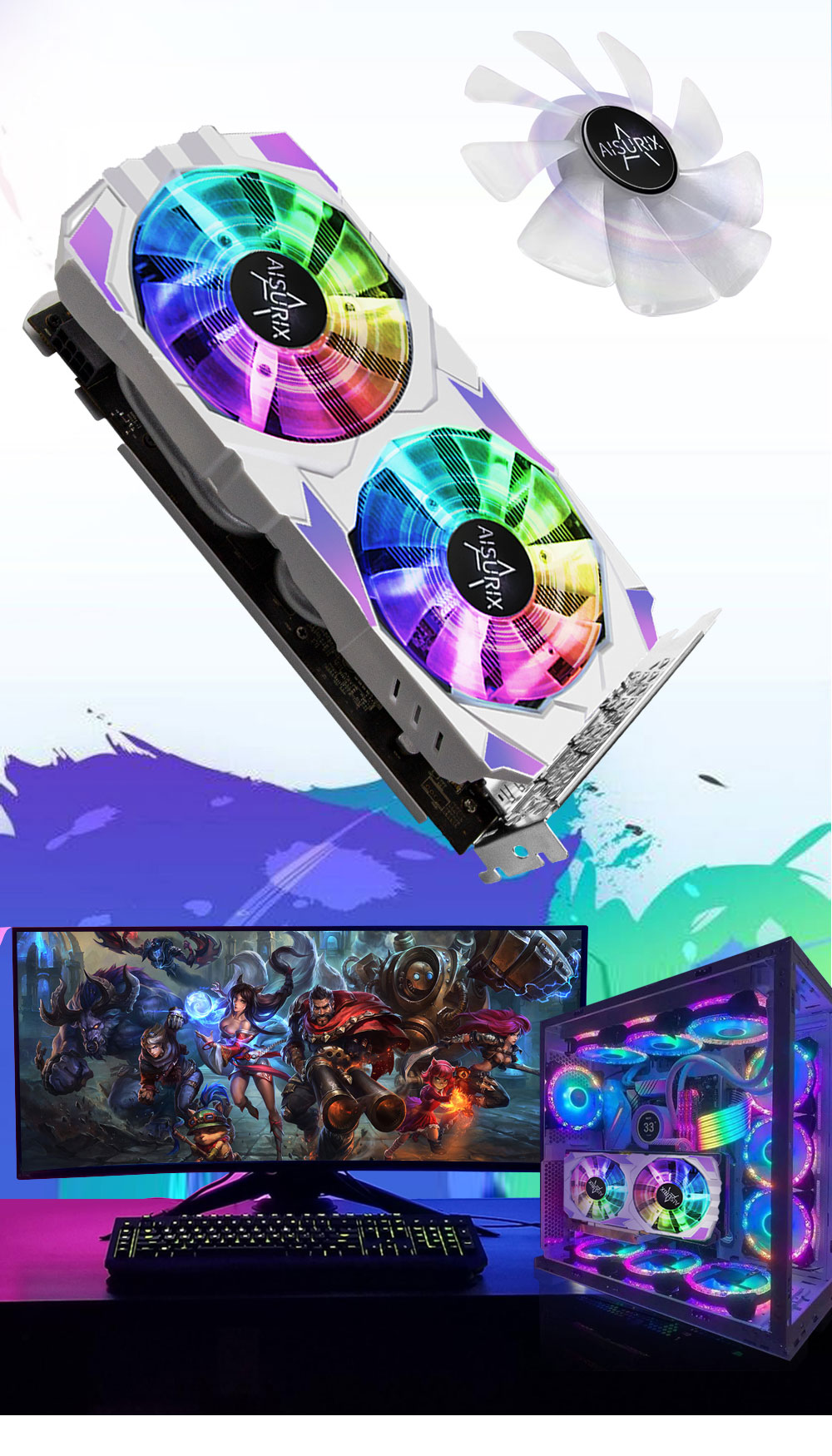 AISURIX RGB RX580 8G Graphics Card Colorful Lighting Video Card GDDR5 ...