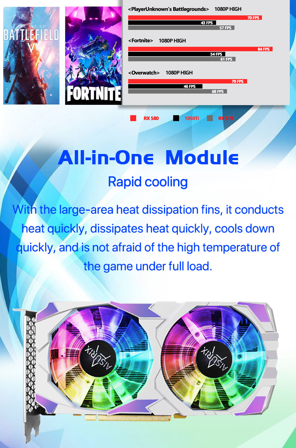 AISURIX RGB RX580 8G Graphics Card Colorful Lighting Video Card GDDR5 ...