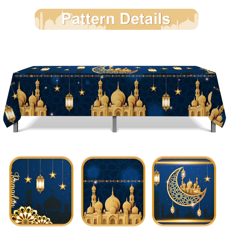 【NEW】130*220CM White Gold Eid Mubarak Plastic Tablecloth Ramadan ...