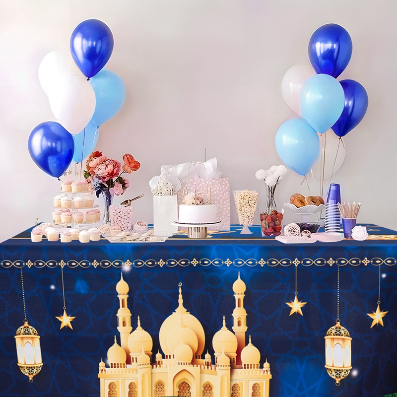【NEW】130*220CM White Gold Eid Mubarak Plastic Tablecloth Ramadan ...