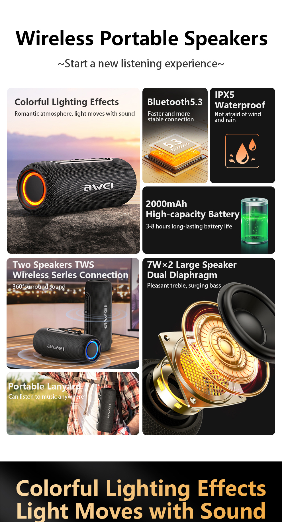 Awei KA8 14W Portable Bluetooth Speaker 5.3 Bass Subwoofer Dual Speakers High-fidelity Sound ...