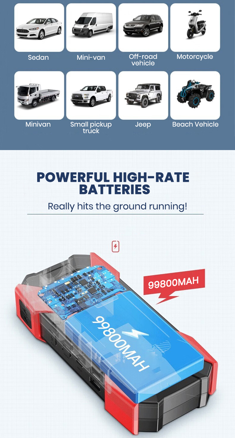🔥10 years warranty🔥99800mAh 12V Car Jumper Car Tyre Car Pump Starter ...