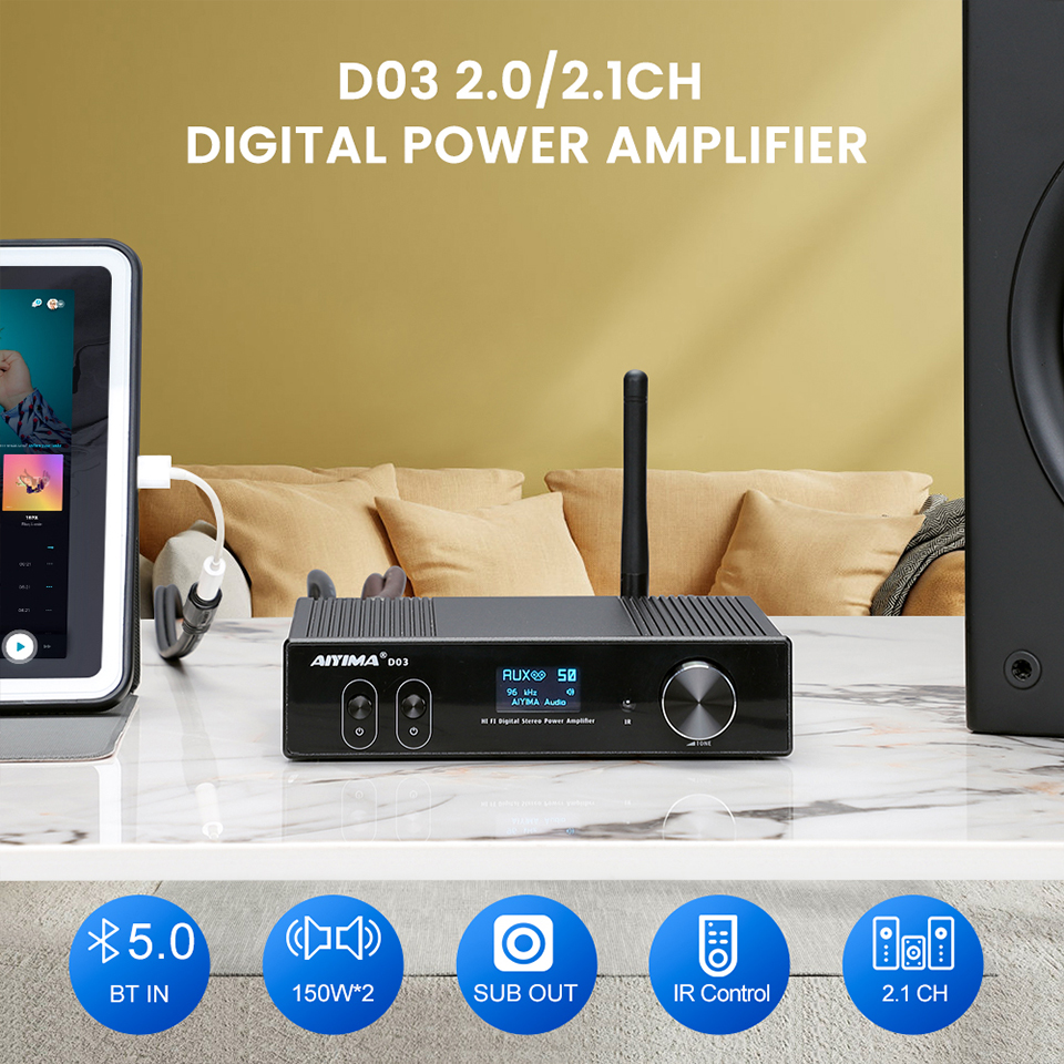 AIYIMA D03 Bluetooth 5.0 Power Amplifier 150 Watt x 2 Stereo HiFi 2.1 CH Digital Sound ...