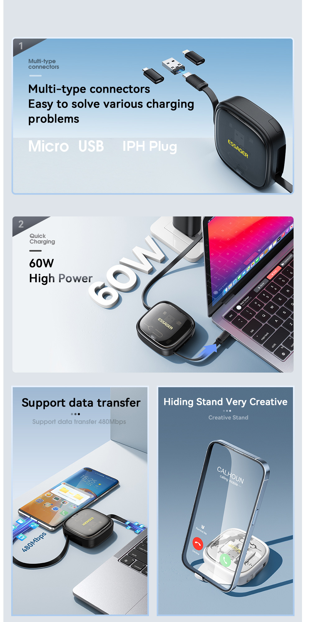 Essager 60W Stretchable 3A Fast Charging Cable Data Transmission ...