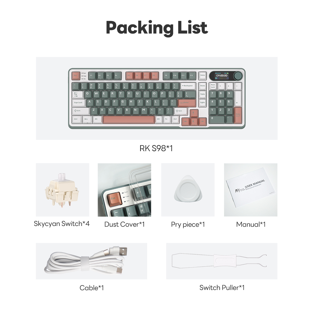 RK Royal Kludge RK S98 98 Key Tri-Mode RGB Wired Bluetooth 2.4G Wireless 3 Modes With TFT Screen ...