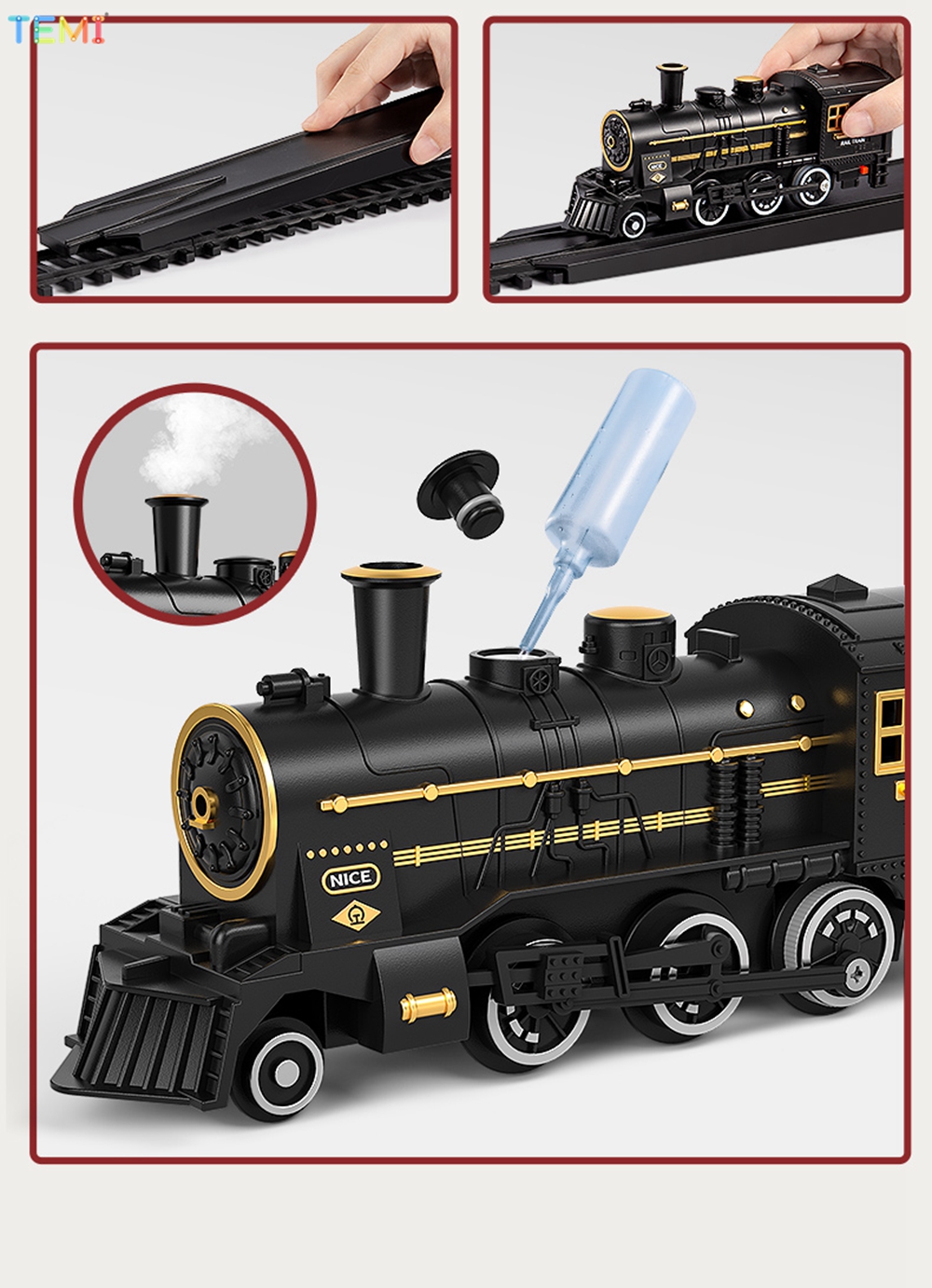 TEMI Train Toy Set Railway Track Steam Locomotive Engine Die-casting ...