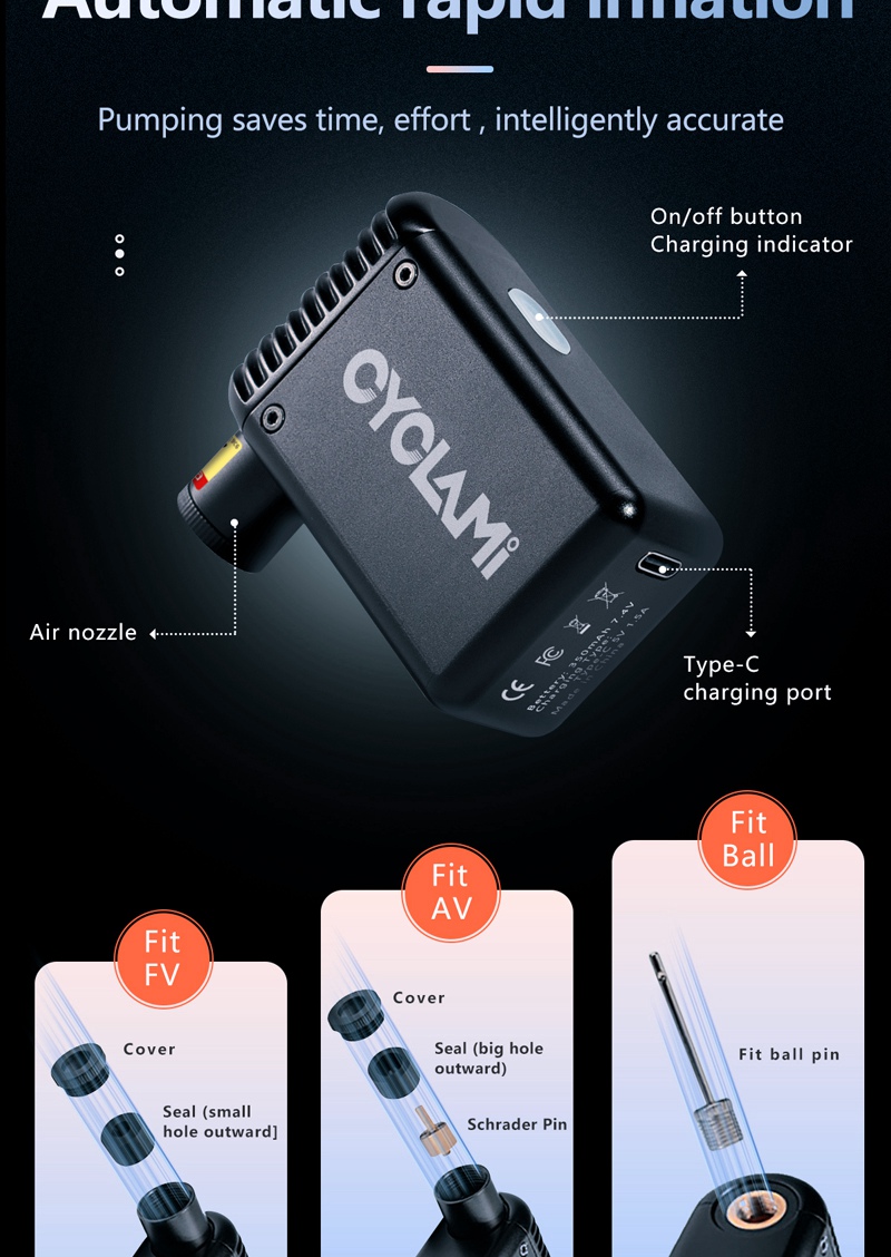 CYCLAMI Mini Electric Air Pump Portable Bicycle Cordless Inflator ...