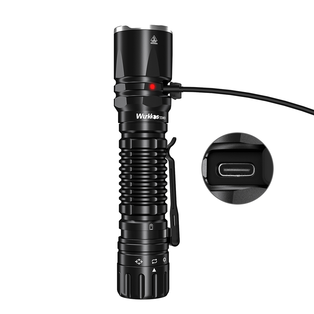 Wurkkos TD03 18650 Rechargeable Tactical Flashlight SFT40 USB-C 1800Lm Rotary Switch Torch Throw ...