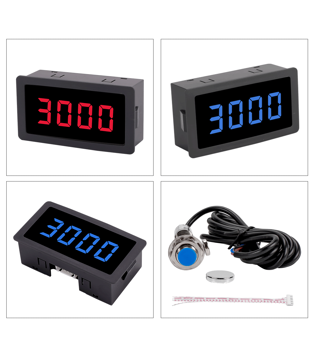 4 Digital LED Red Blue Green Tachometer Gauge RPM Speed Meter+Hall ...