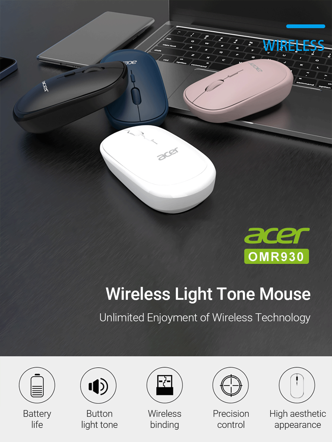 Acer wireless mouse OMR930 wireless light tone fashion office mouse ...