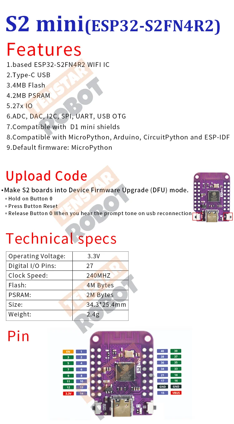 ESP32 S2 Mini D1 Mini Board Based ESP8266 CH340 ESP32-S2FN4R2 4MB FLASH 2MB PSRAM MicroPython ...