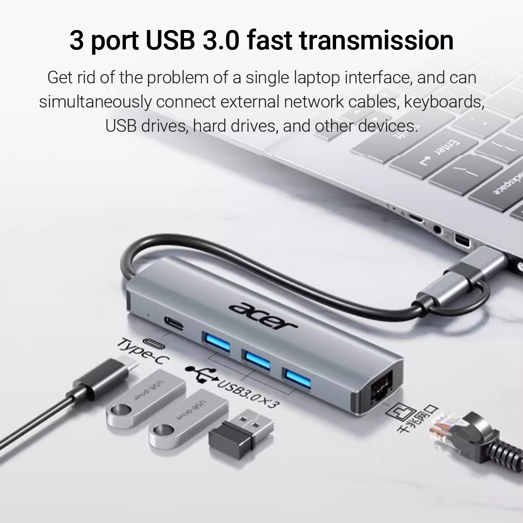 Acer Docking Station HY41-T4 Type-C Gigabit Ethernet Cable Adapter USB ...