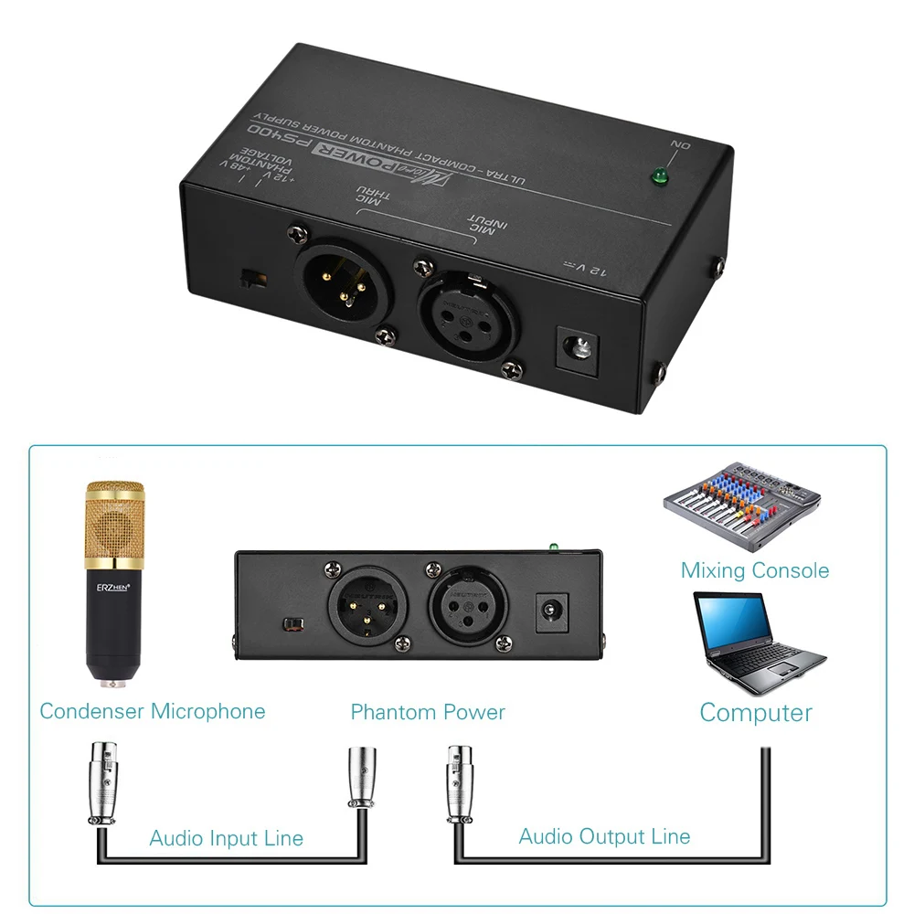 ⭐PS400 Phantom Power Universal Microphone Phantom Power Supply 12V/48V ...