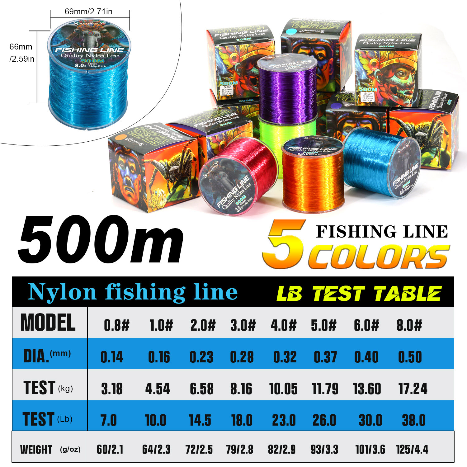 Sougayilang Super Strong Nylon Fishing Line 7-38lb 500M Monofilament Fishing Line Leader Line ...