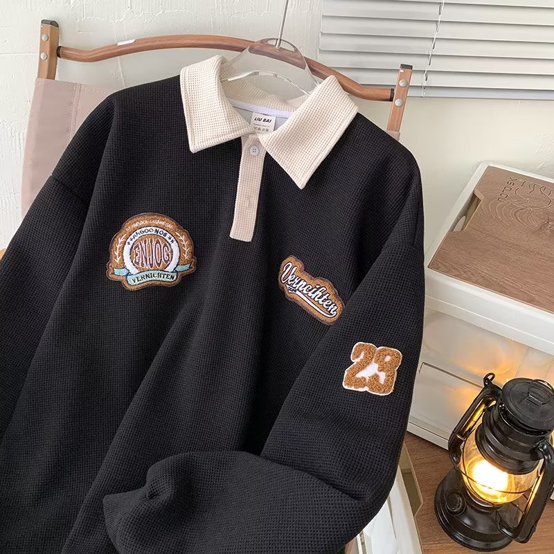 Baju peluh polo wafel gaya preppy untuk lelaki dan wanita, baju peluh ...