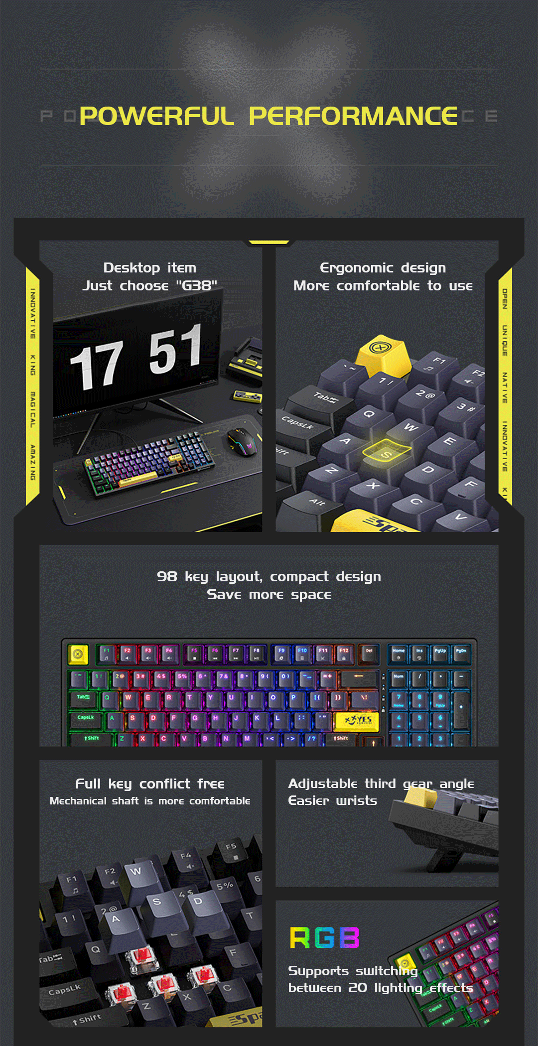 ONIKUMA G38 Wired Mechanical Keyboard With RGB Light, 98 Keys Gamer For ...