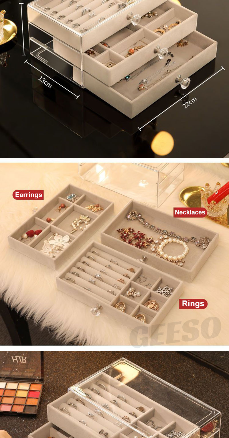 GEESO Jewellery Organizer Dustproof Velvet Ring Necklace Rings Cosmetic ...