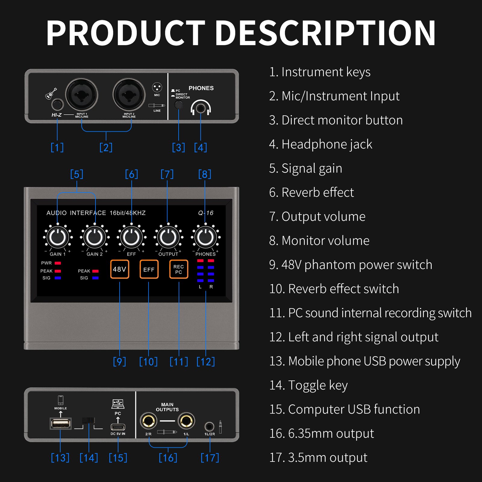 XTUGA Q-16 Professional Audio Interface USB Recording Sound Card with ...