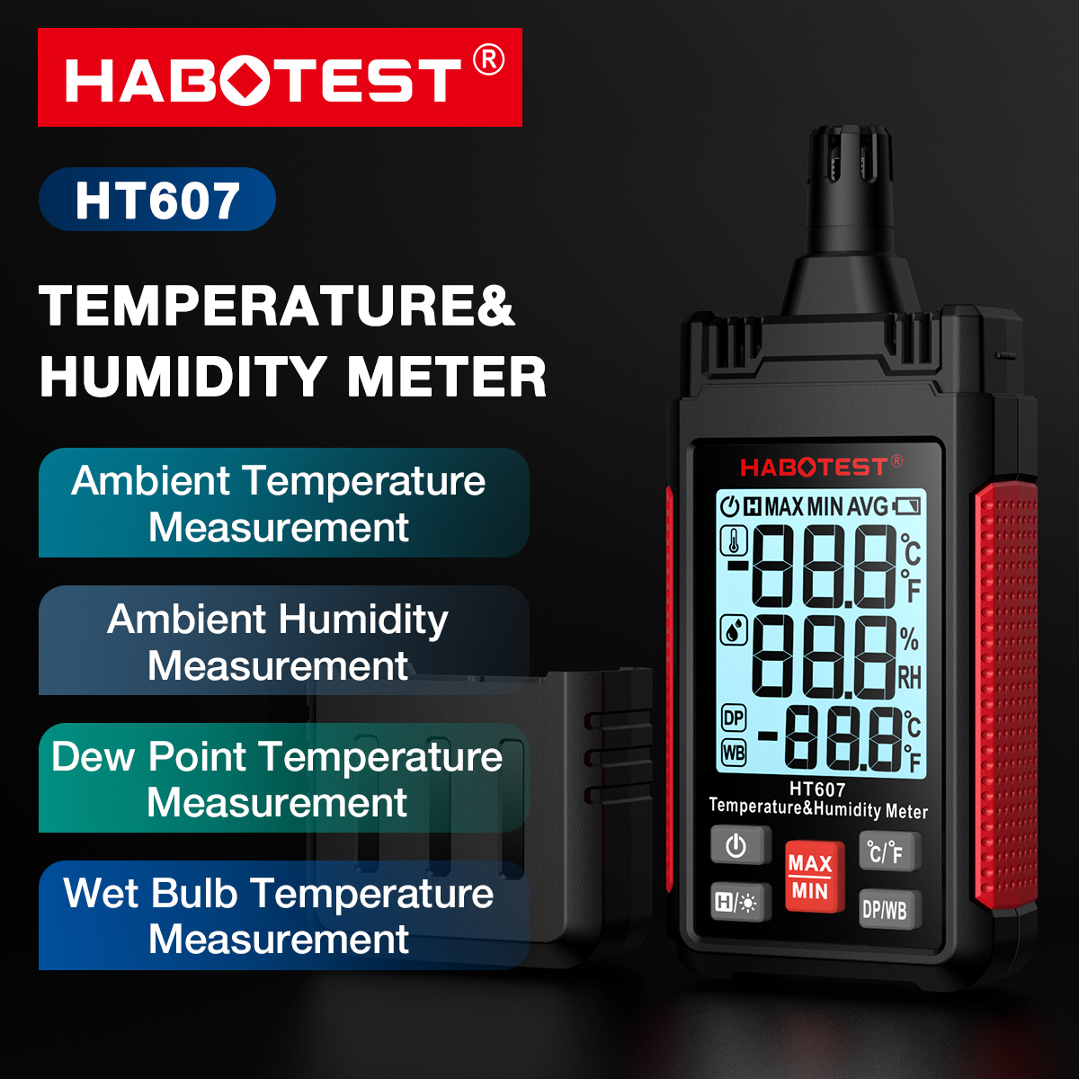 HABOTEST HT607 Temperature & Humidty Mete Handheld Thermometer Moisture ...