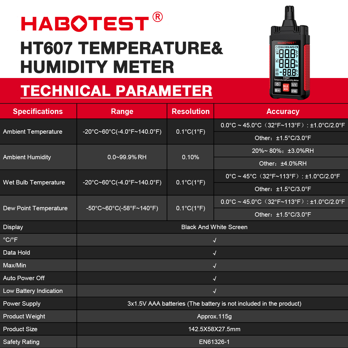 HABOTEST HT607 Temperature & Humidty Mete Handheld Thermometer Moisture ...